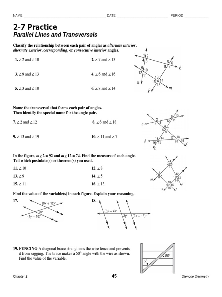 2-7 Practice: Parallel Lines and Transversals | PDF