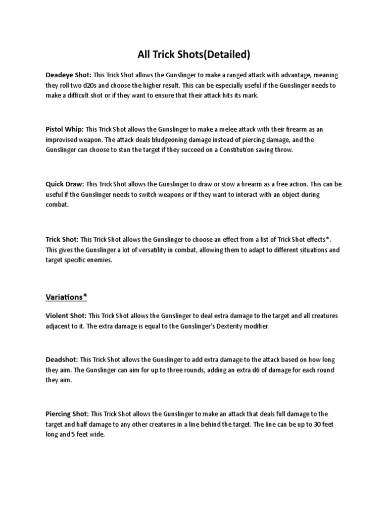 All Trick Shots (Detailed) | PDF | Gunfighter | Hazards