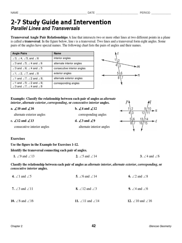 2-7 Study Guide and Intervention: Parallel Lines and Transversals | PDF ...