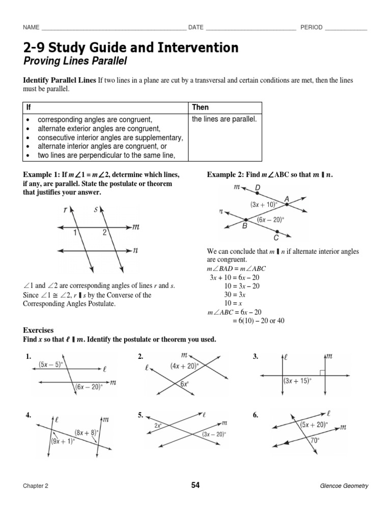 2-9 Study Guide and Intervention: Proving Lines Parallel | PDF | Classical Geometry | Elementary ...