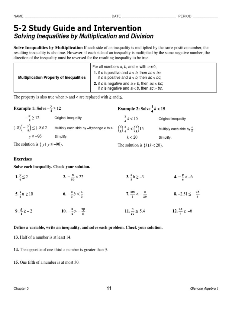 5-2 Study Guide and Intervention: Solving Inequalities by ...