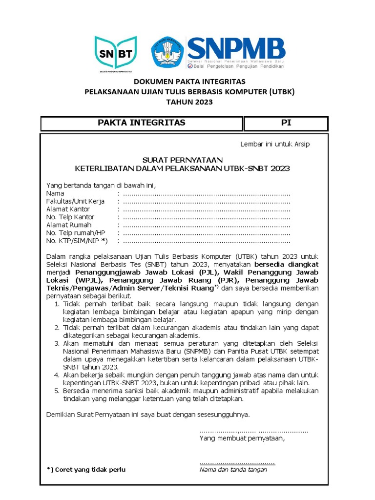 Form Pakta Integritas UTBK-SNBT 2023 | PDF | Seni