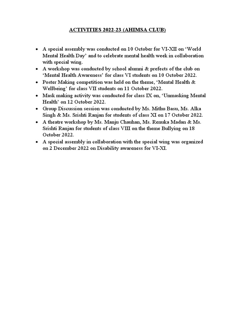 Activities Ahimsa Club-22-23 | PDF