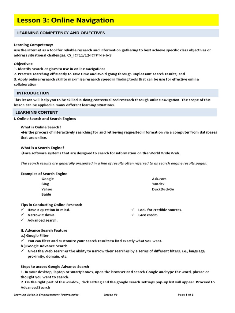 Lesson 3 Online Navigation | PDF | Websites | World Wide Web