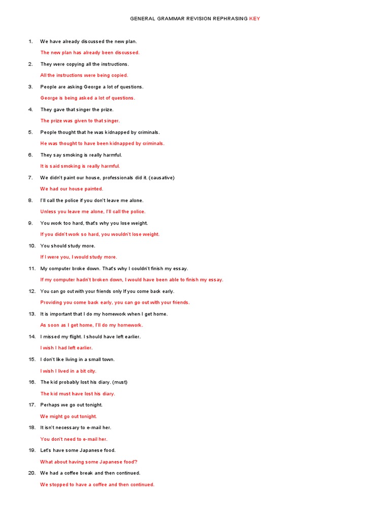 GENERAL GRAMMAR REVISION REPHRASING Key | PDF