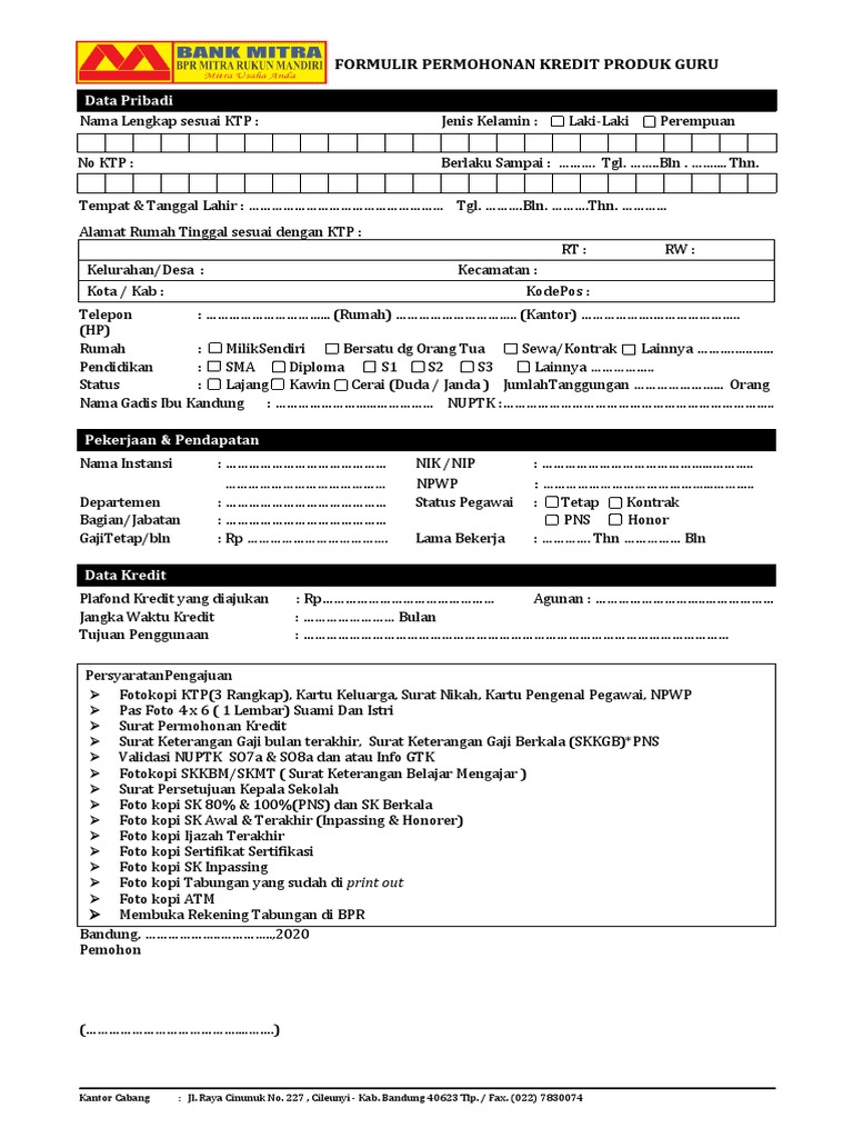 Formulir Permohonan Kredit Produk Guru | PDF