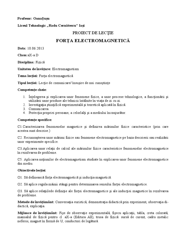Refacut Plan Lectie Forta Electromagnetica | PDF