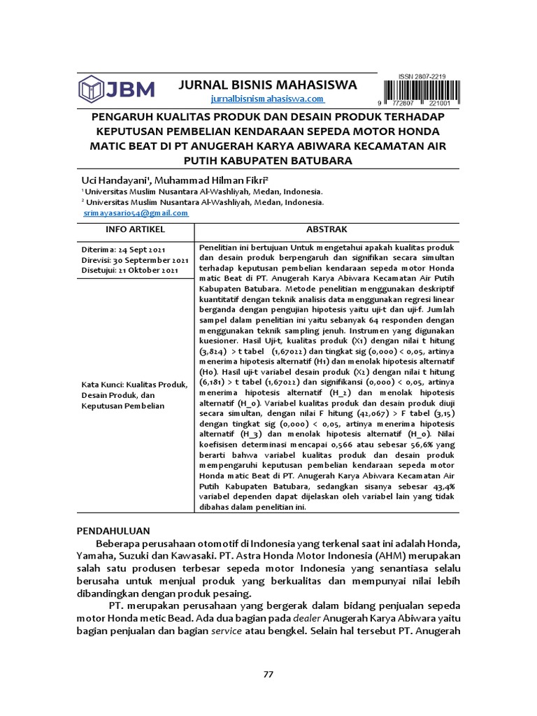 Jbm-Pengaruh Kualitas Produk Dan Desain Produk Terhadap Keputusan Pembelian Kendaraan Sepeda ...