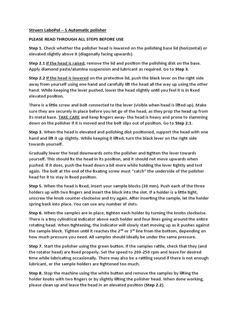 LaboPol 5 Polisher SOP | PDF | Tools | Mechanical Engineering