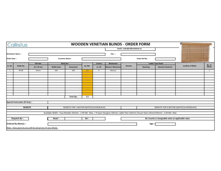 Wooden Venetian Blinds Order Form | PDF | Glass Applications | Tools