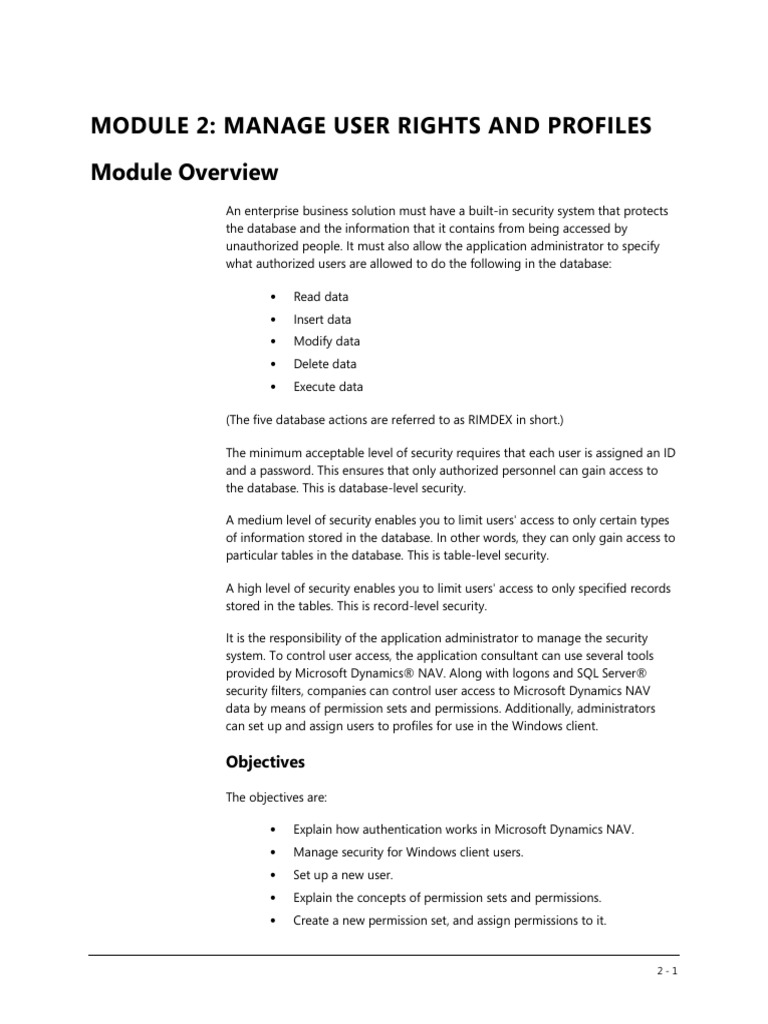 Module 2: Manage User Rights and Profiles Module Overview: Objectives | PDF | User (Computing ...