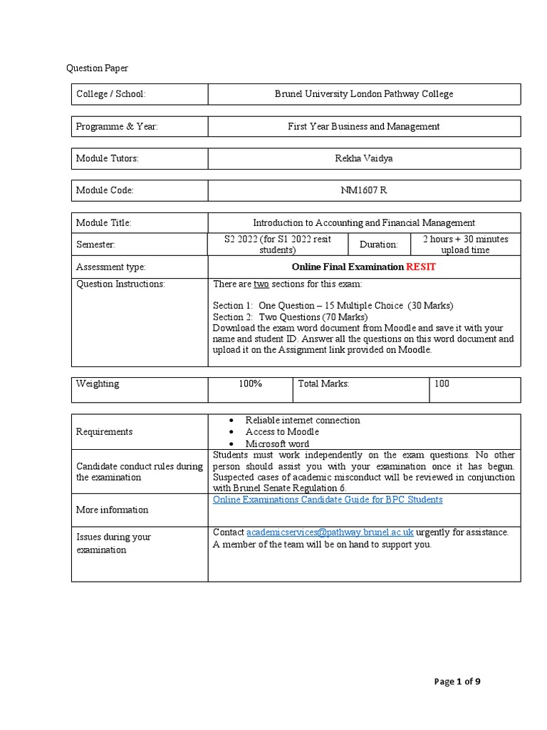 NM1607R - S2 2022 (For S1 2022 Students) RESIT EXAM Question PAPER ...
