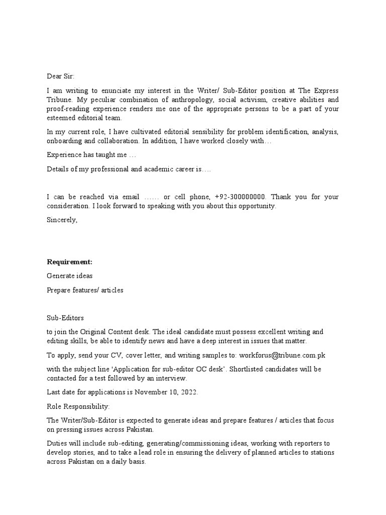 Writer/Sub-Editor Job at The Express Tribune | PDF | Career & Growth ...