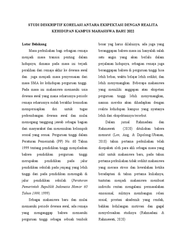 Studi Deskriptif Korelasi Antara Ekspektasi Dengan Realita Kehidupan ...
