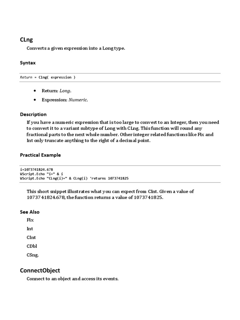 CLng and ConnectObject in VBScript | PDF | Filename | Component Object ...