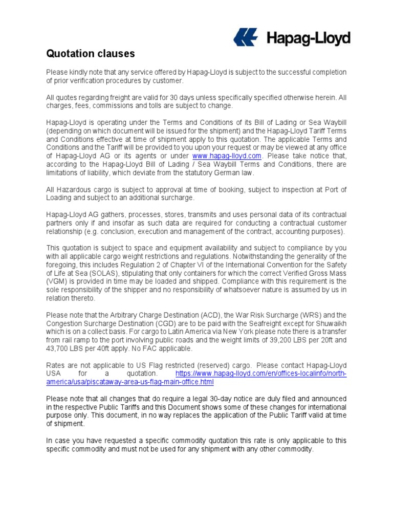 Quotation Clauses Hapag Lloyd | PDF | Cargo | Bill Of Lading