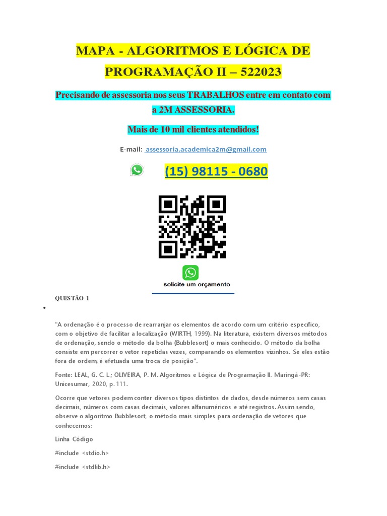Mapa - Algoritmos e Lógica de Programação II - 522023 | PDF ... Mapa - Algoritmos e Lógica de Programação II - 522023 | PDF ...