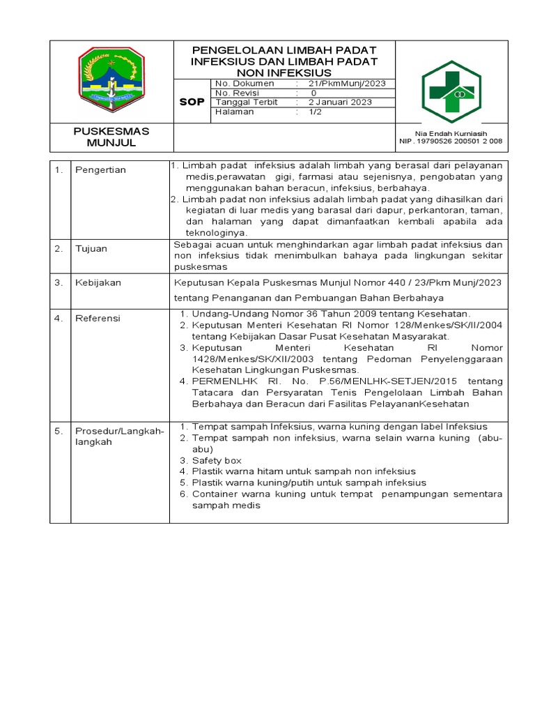 Spo 01 Pengelolaan Limbah Padat Infeksius Dan Limbah Padat Non Infeksius | PDF