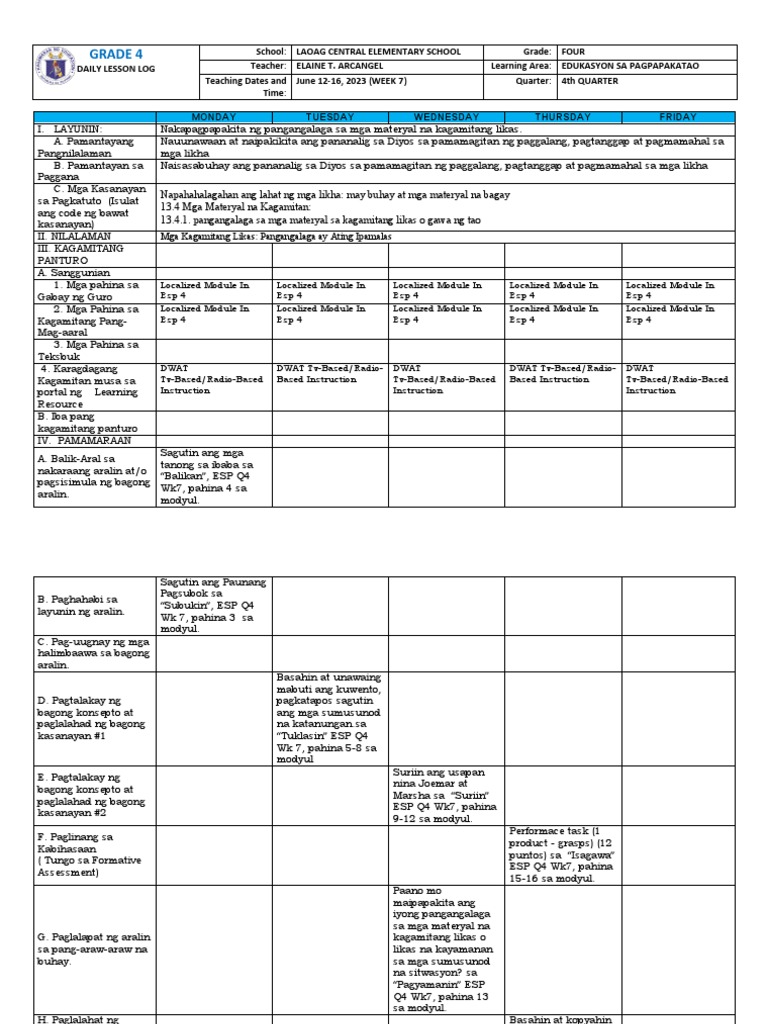 DLL G4 Q4 WEEK 7 (English, ESP, Math) | PDF
