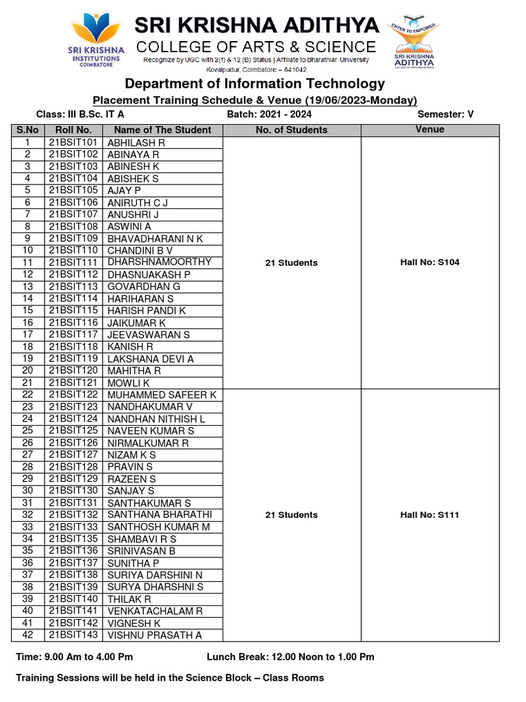 Placement Training Schedule and Venue 19 June | PDF | Cinema Of India
