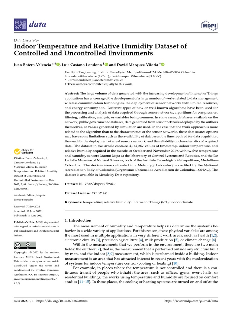 Indoor Temperature and Relative Humidity Dataset o | PDF | Wireless Sensor Network | Calibration
