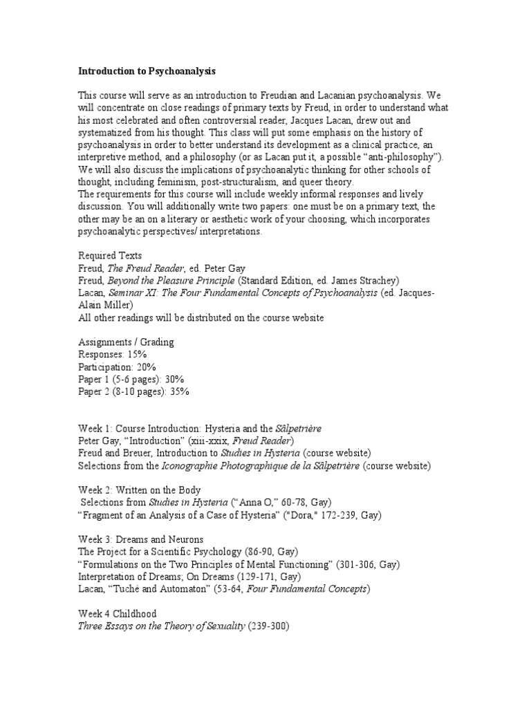 Syllabus Intro To Psychoanalysis | PDF