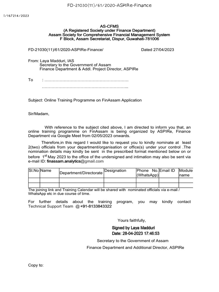 Online FMIS Training Letter | PDF