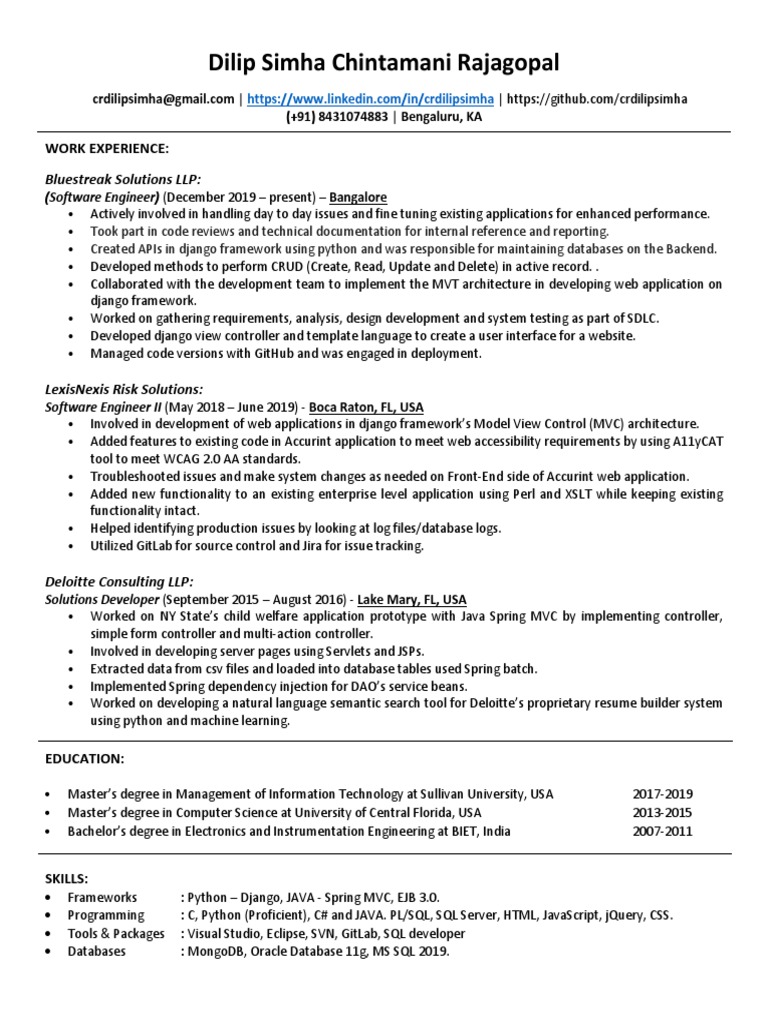 Chintamani Dilip Resume | PDF | Spring Framework | Databases
