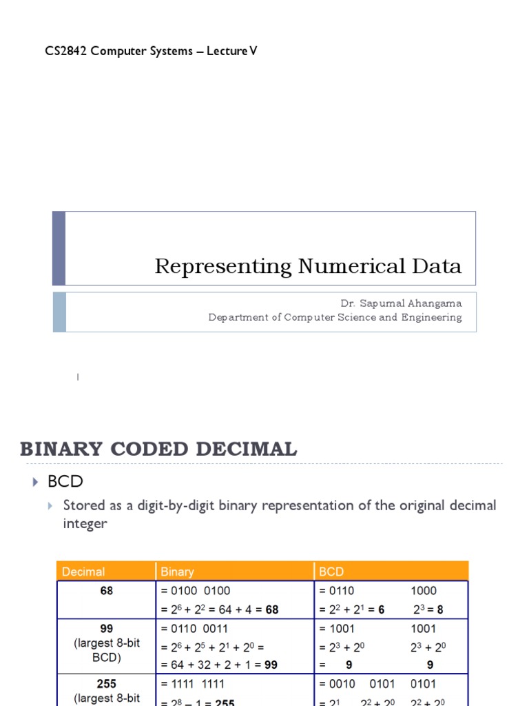 Lecture 5 Representing Numerical Data | PDF | Binary Coded Decimal | Decimal
