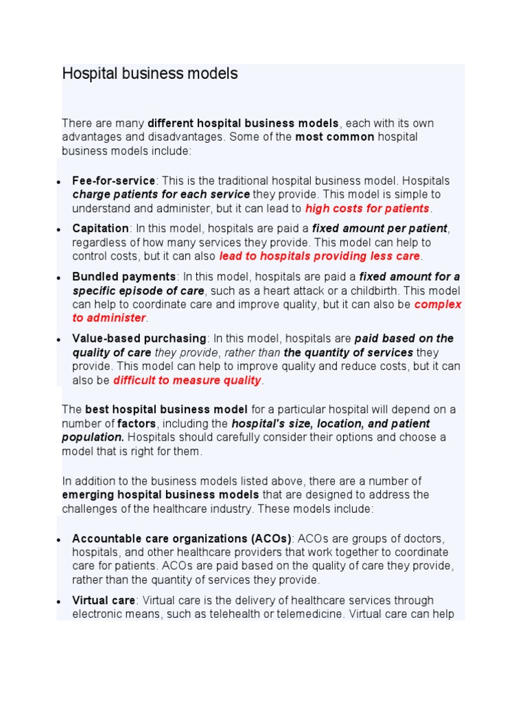 Hospital Business Models | PDF | Fee For Service | Hospital