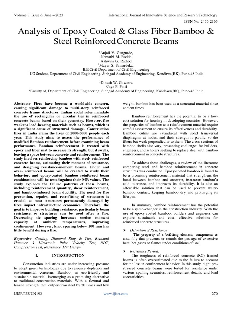 Analysis Of Epoxy Coated And Glass Fiber Bamboo And Steel Reinforcedconcrete Beams Pdf