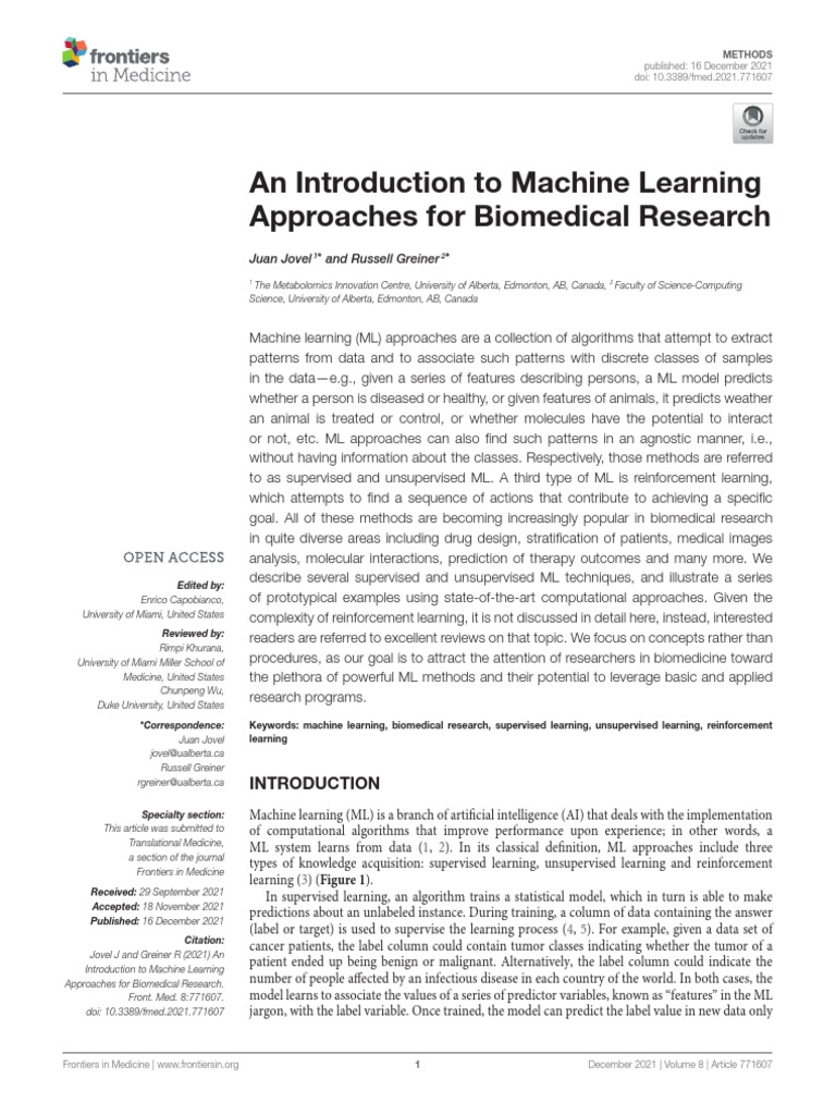 A Review On Machine Learning Techniques in Biomedical Research | PDF ...