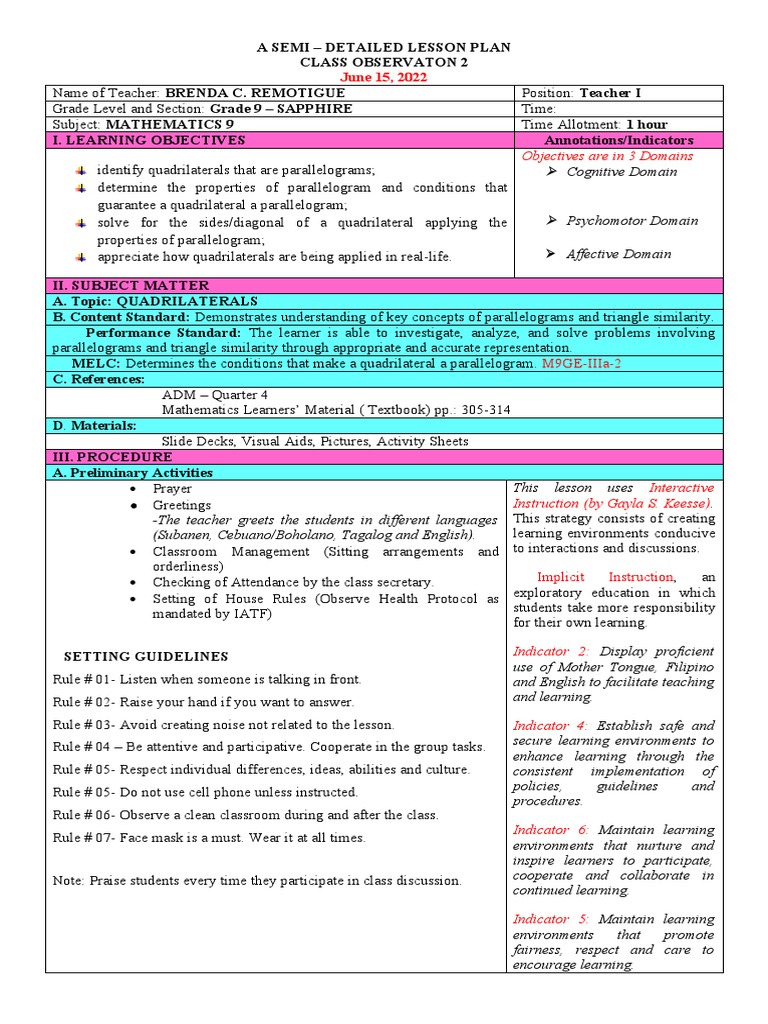 QUADRILATERALS Lesson Plan-Grade 9 | PDF | Learning | Communication