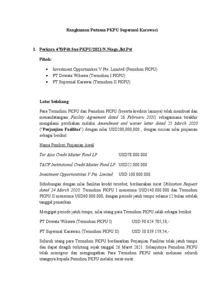 Riset, Rangkuman Putusan & Tujuan UU Kepailitan | PDF