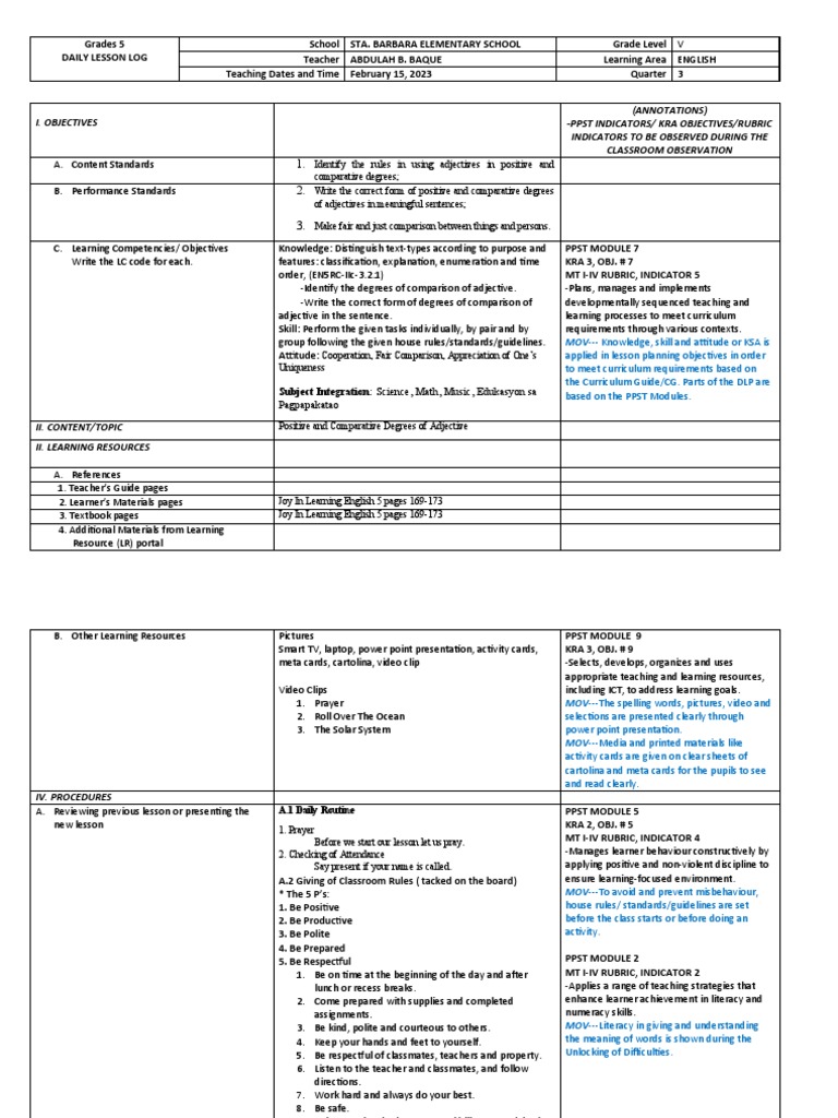 Cot - DLP English 5 q3 | PDF | Adjective | Learning
