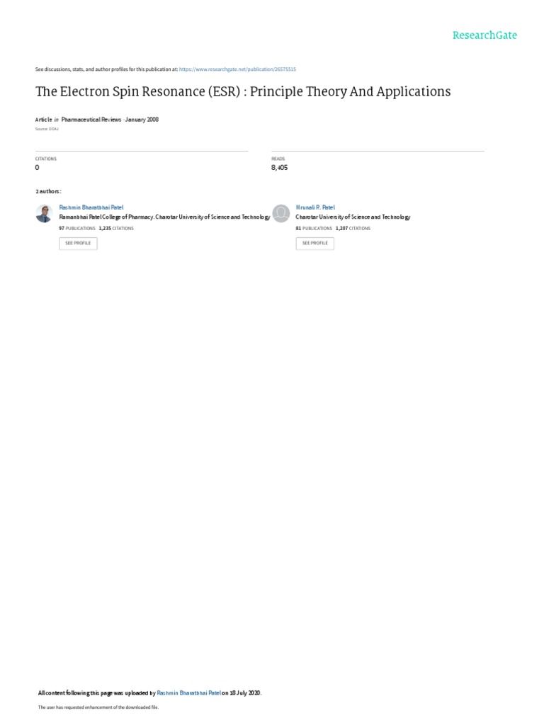 The Electron Spin Resonance (ESR) : Principle Theory and Applications | PDF | Electron ...