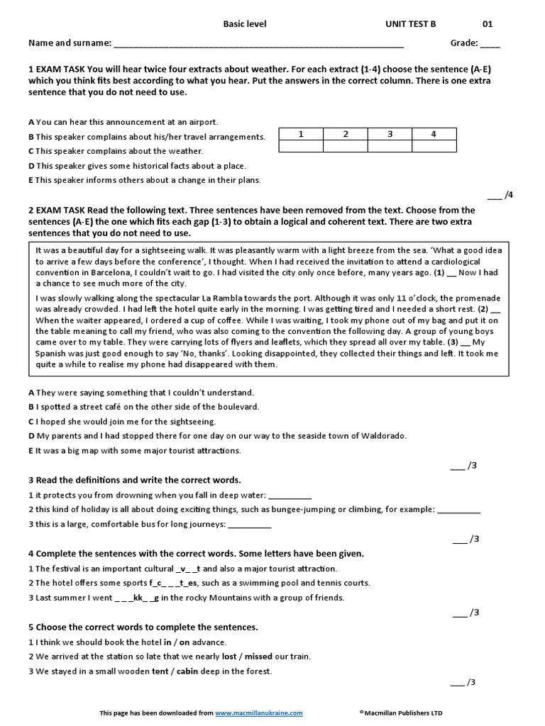 Unit Test 1B Basic Level | PDF