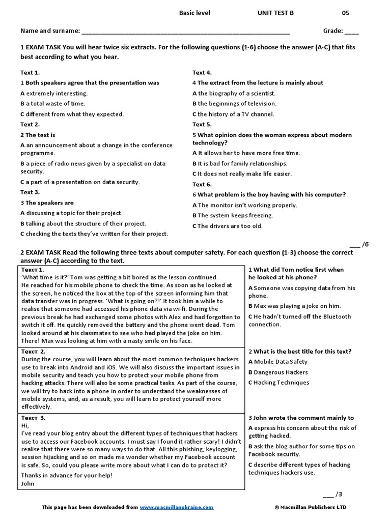Unit Test 5B Basic Level | PDF