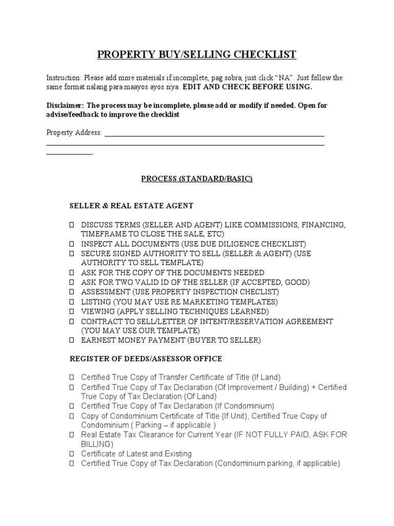 Property Buy - Selling Checklist | PDF | Taxes | Condominium