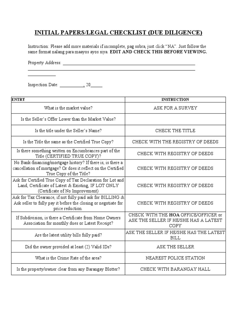 Initial Papers-Legal Inspection Checklist | PDF
