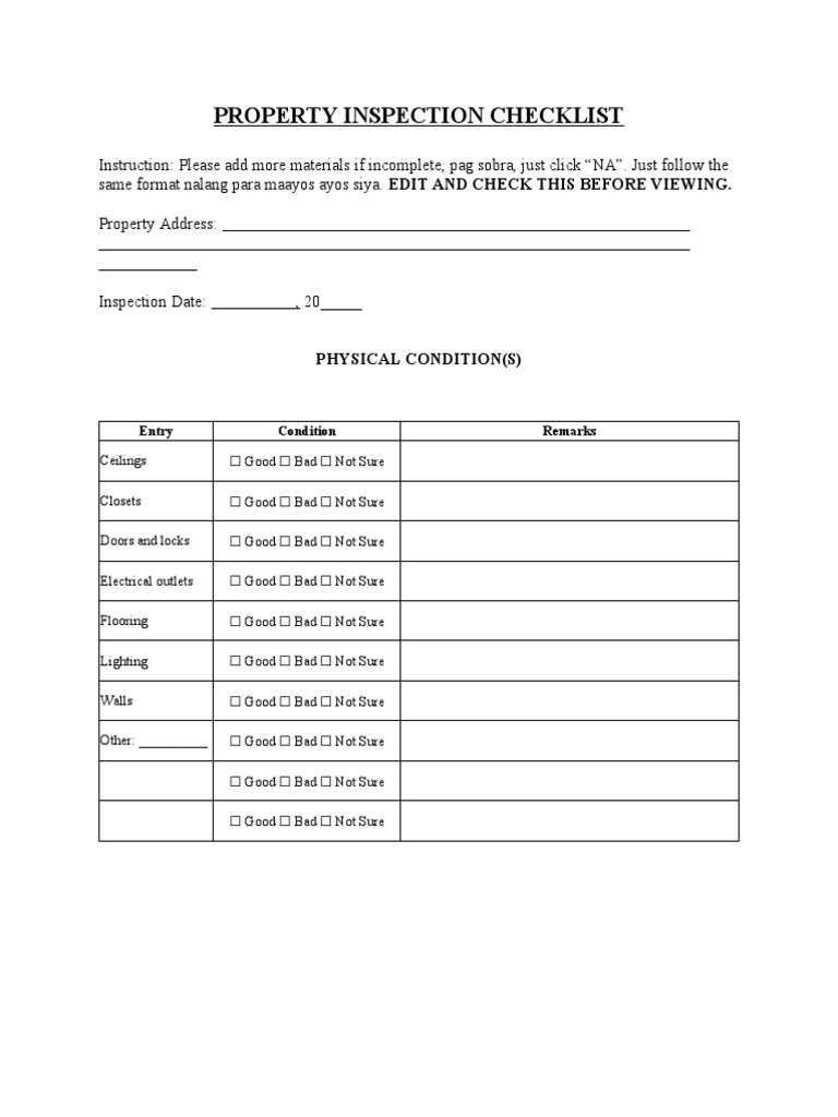 Property Inspection Checklist | PDF | Home | Architectural Design