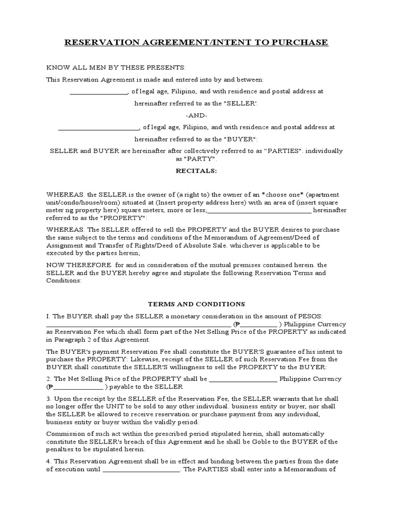 Reservation Agreement for Property Purchase | PDF | Sales | Business