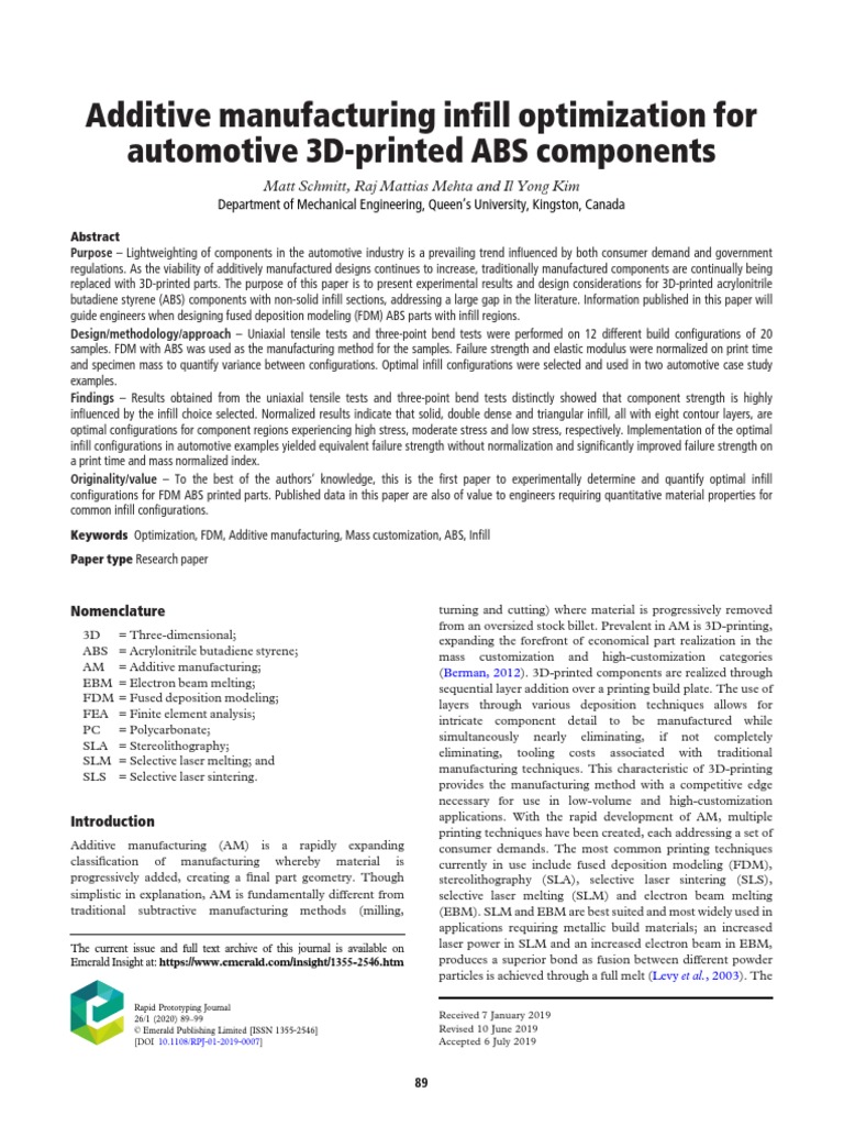 Additive Manufacturing Infill Optimization For Automotive 3d-Printed ABS Components | PDF | Art ...