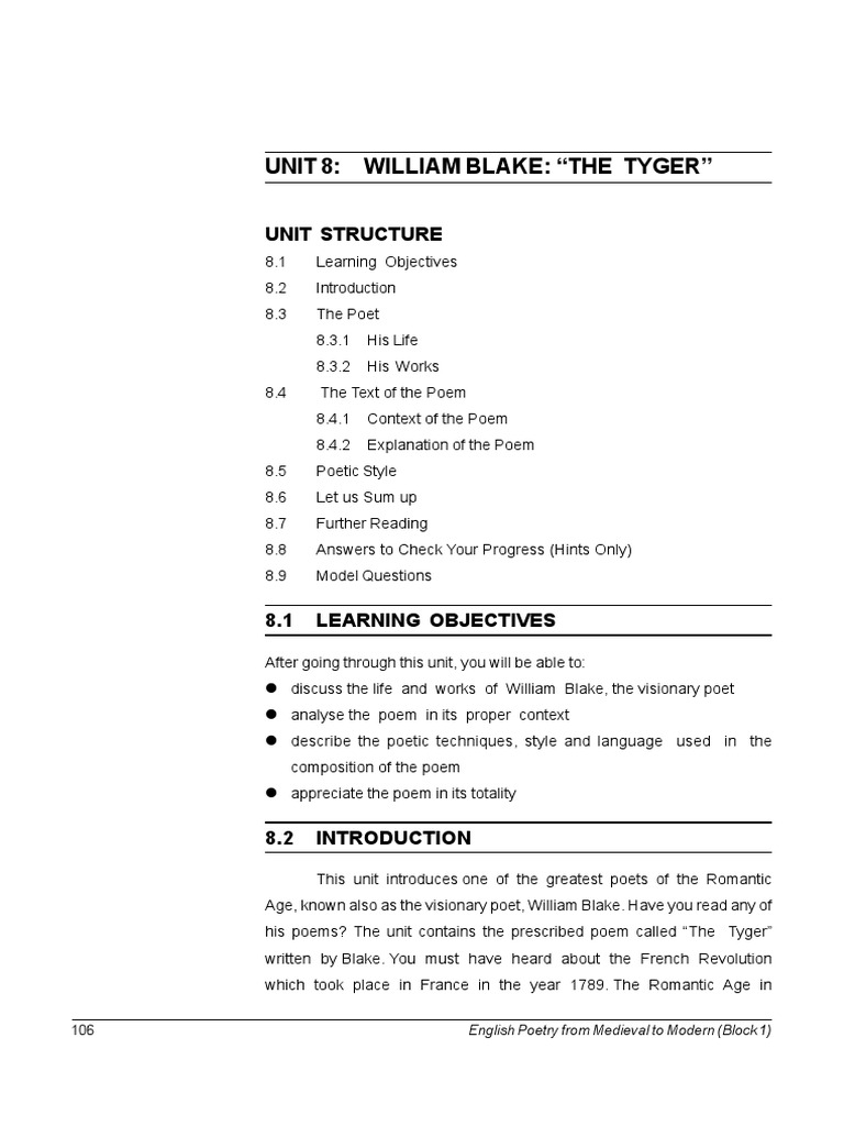 Unit 8 William Blake The Tyger | PDF | William Blake | Poetry