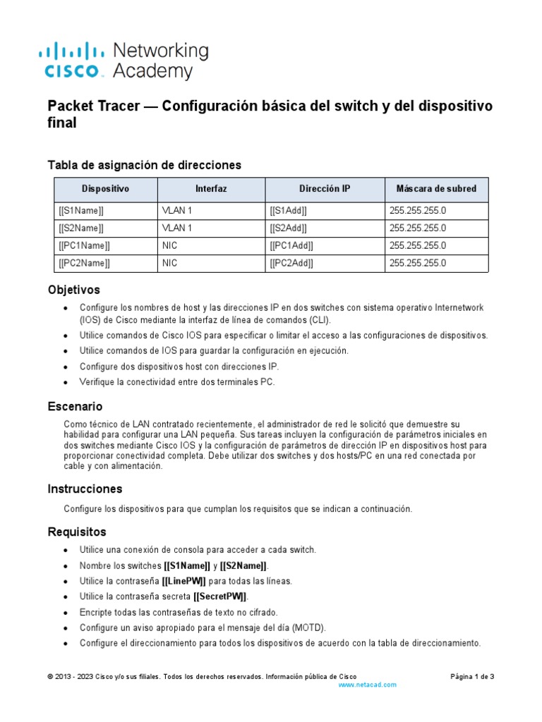 2 9 1 Packet Tracer Basic Switch And End Device Configuration Pdf Dirección Ip