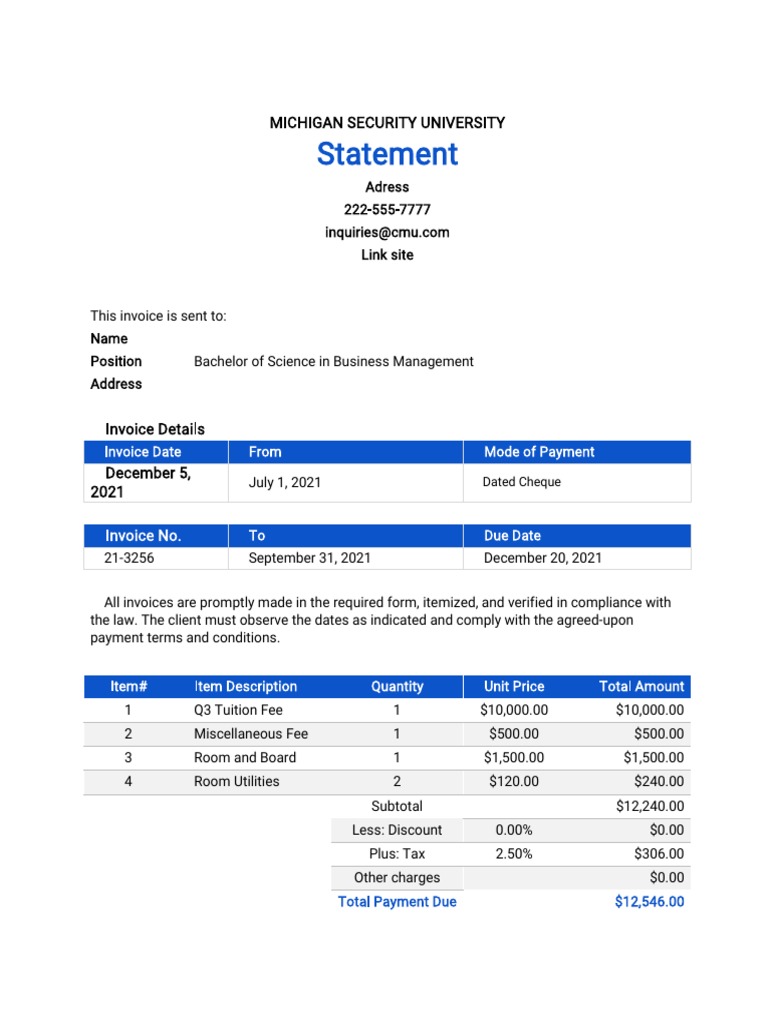 Free University Invoice Format Template | PDF