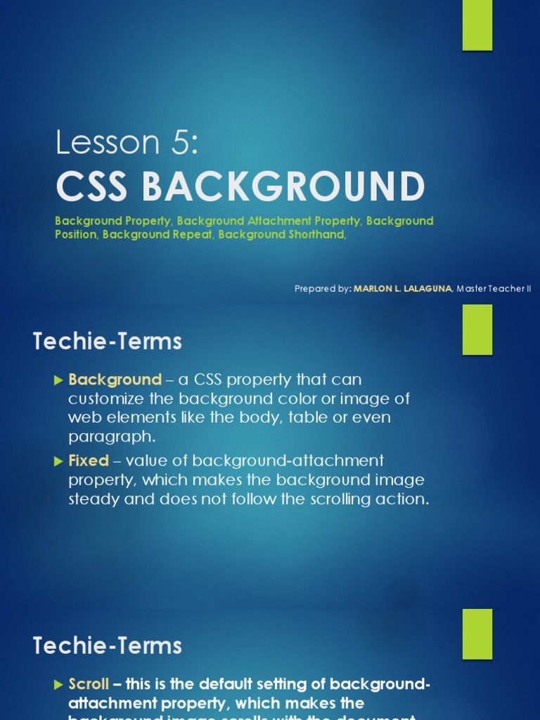 Lesson 5 CSS Background | PDF | Computer Engineering | Computer Science