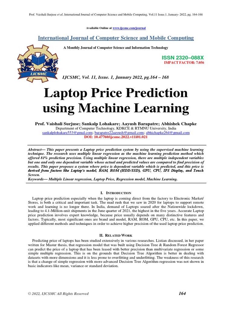 Laptop Price Prediction Using Machine Learning: International Journal ...