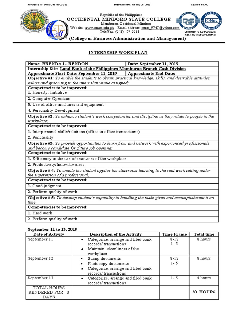 OMSC Form COL 19 Internship Work Plan - 2 | PDF