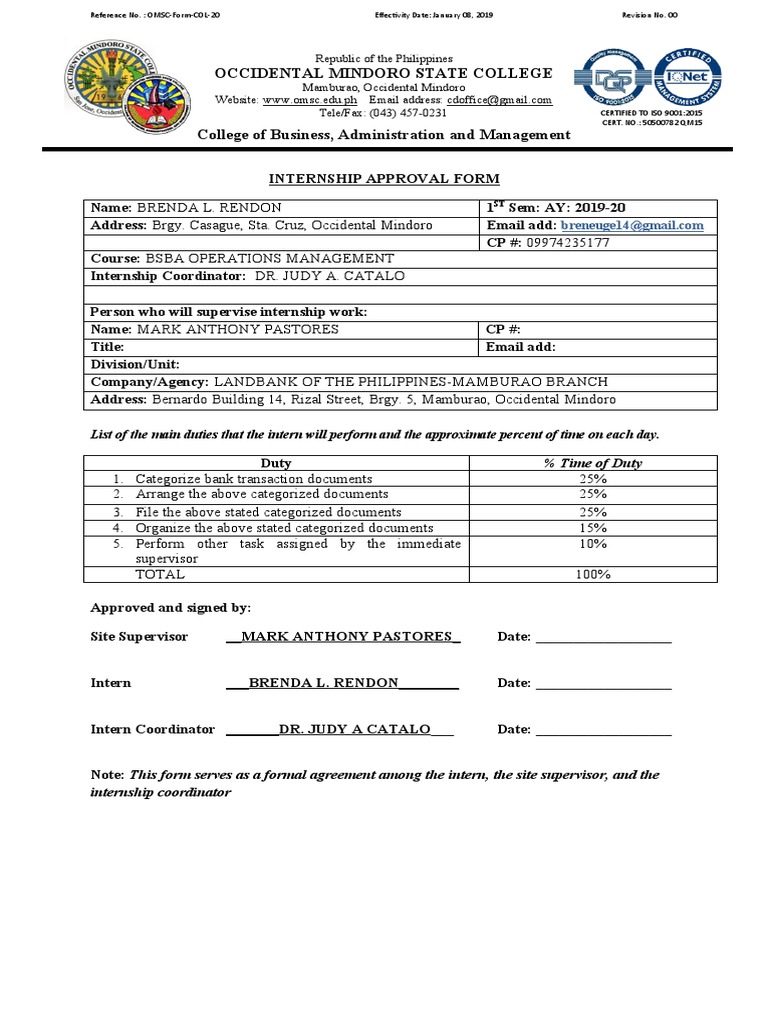 OMSC Form COL 20 Internship Approval Form | PDF